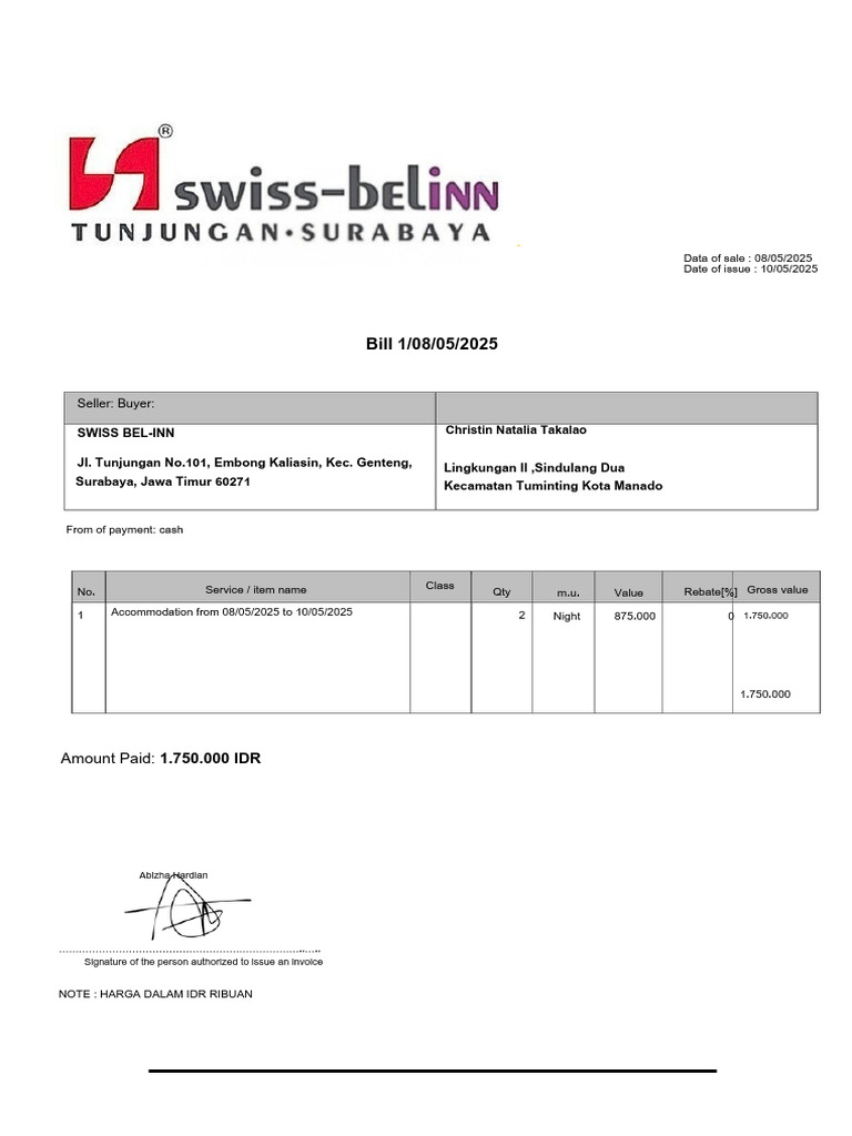 Swiss Bell Hotel Invoice Example | PDF