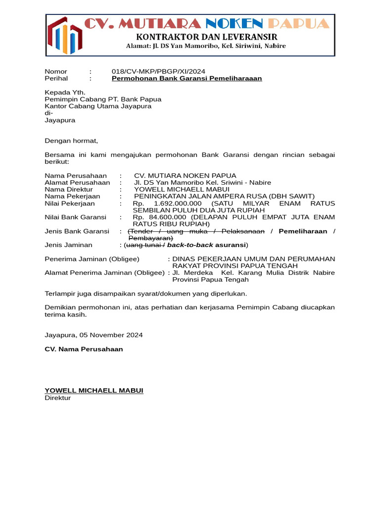 Permohonan Bank Garansi Mutiara Noken Papua | PDF