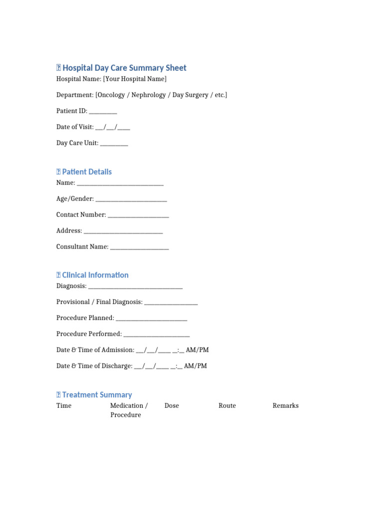 Hospital Day Care Summary Template | PDF
