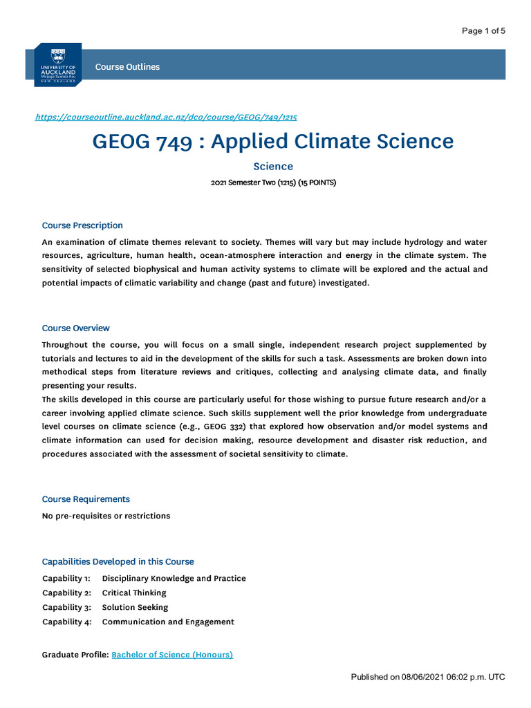 GEOG 749 - 2021 Semester Two - Course Outline | PDF | Climatology | Climate