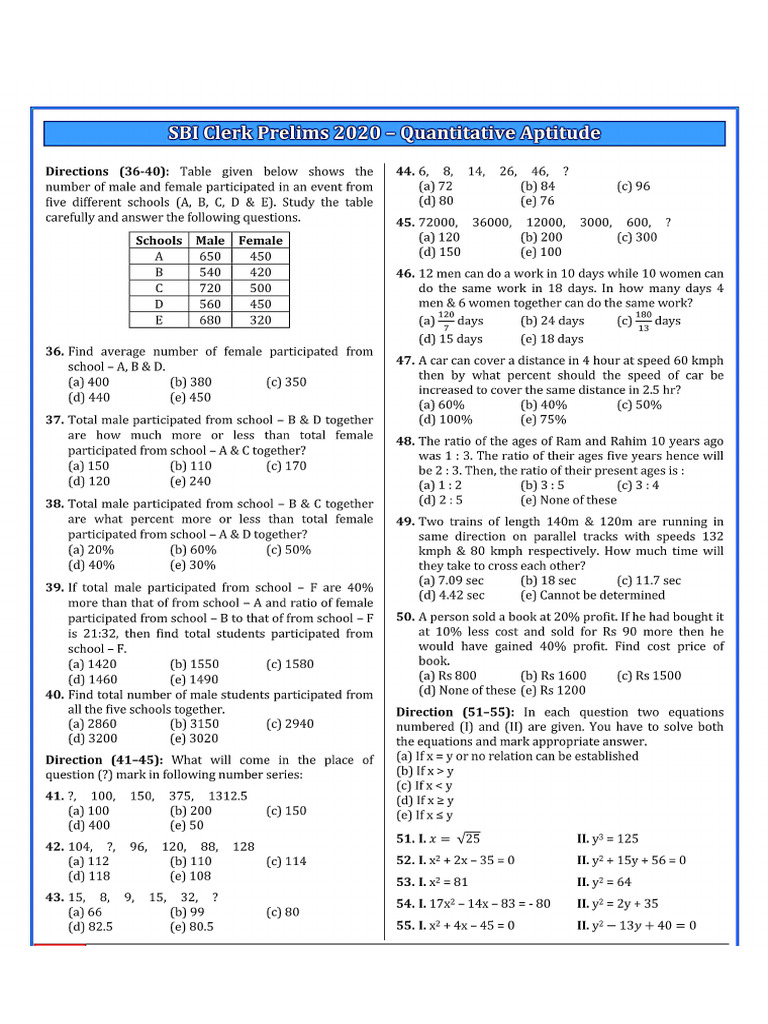 56. SBI Clerk Prelims 2020 Quantitative Aptitude | PDF
