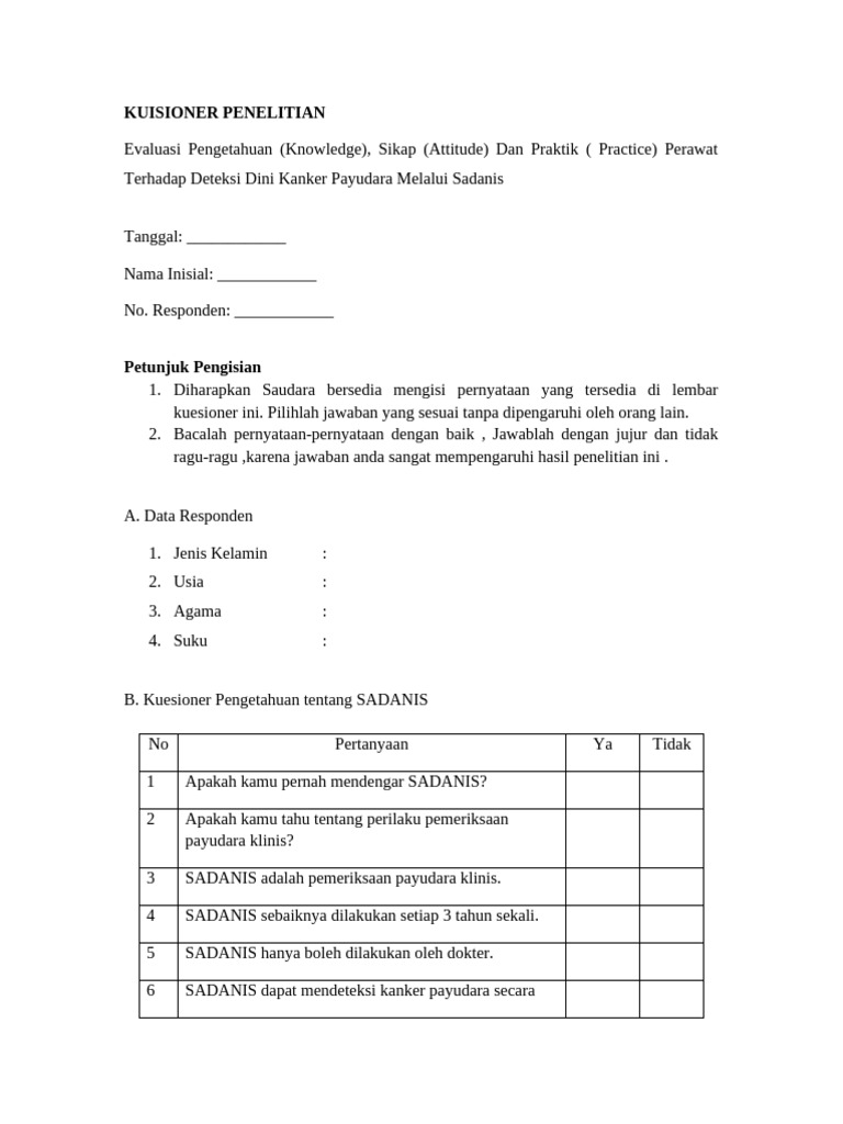 Kuesioner Sadanis Perawat FIX Print | PDF