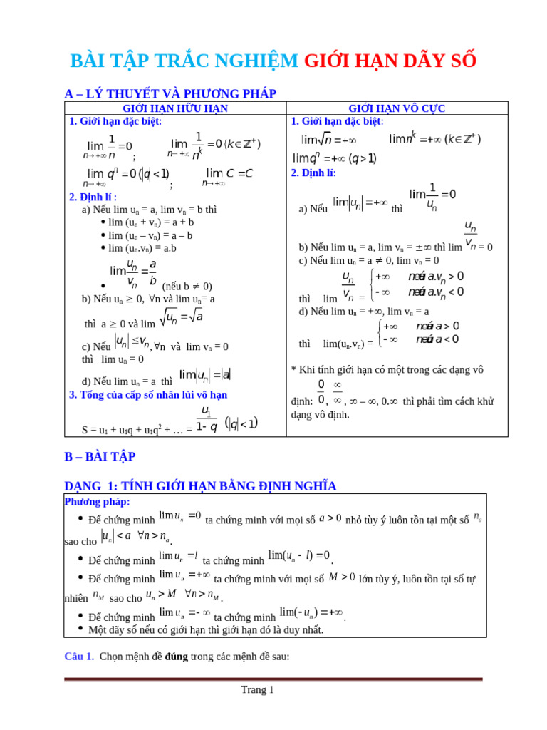 85 Cau Trac Nghiem Gioi Han Day So 1 | PDF
