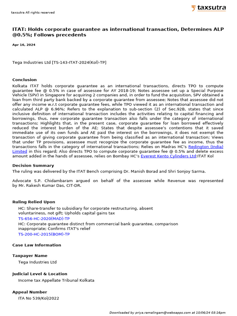 TS-143-ITAT-2024Kol-TP-Tega Industries Limited 08 04 2024 | PDF | Interest | Loans