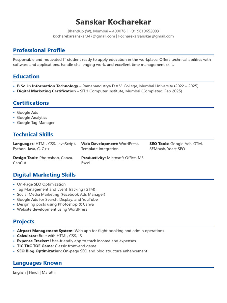 Sanskar Kocharekar - Resume2 | PDF