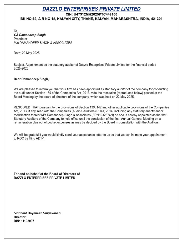 Auditor Appointment Letter | PDF