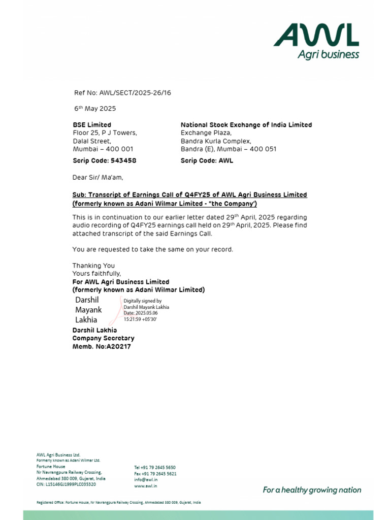 concall transcript AWL Agri Business 2025 | PDF