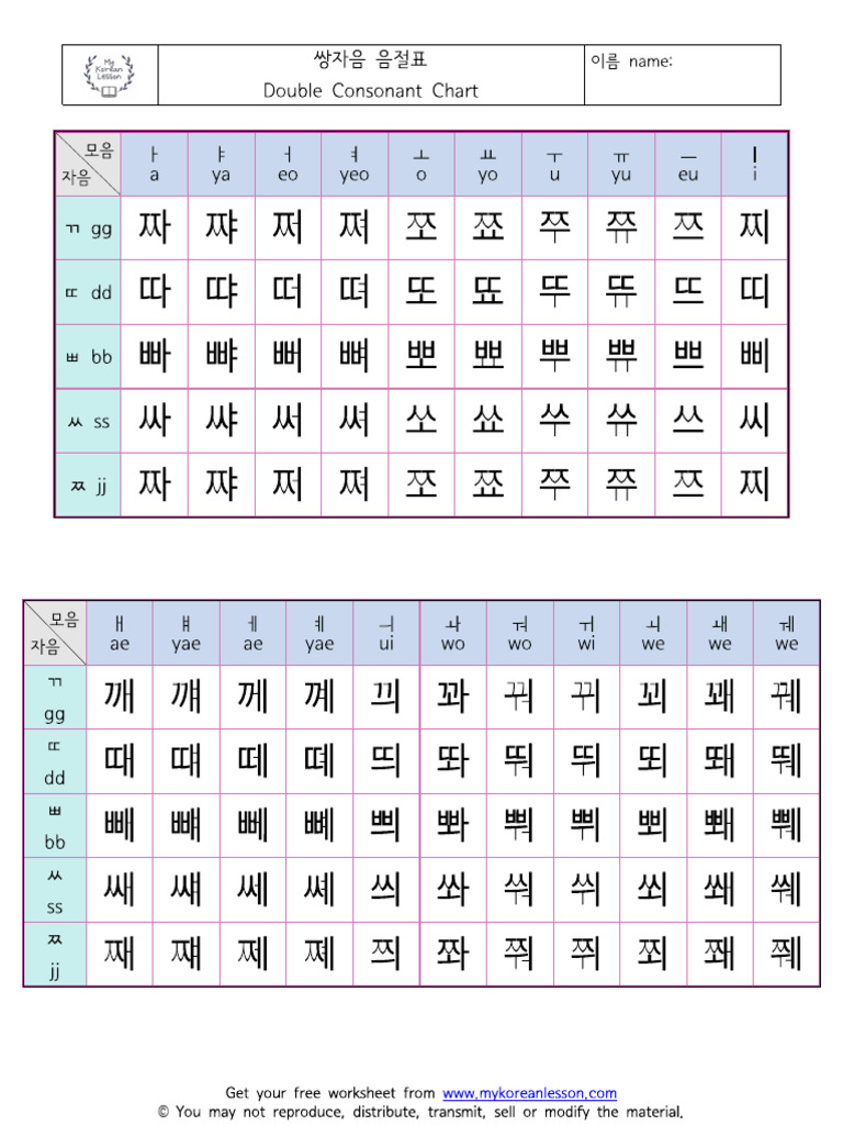 Double Consonants Chart - MYKOREANLESSON | PDF