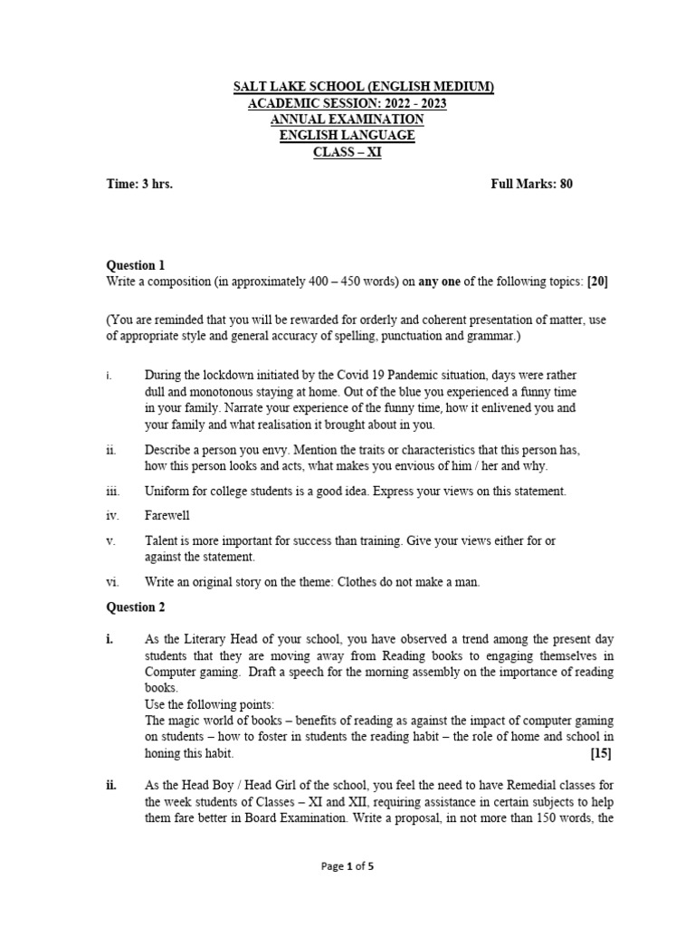 Class XI English Language Exam Guide | PDF | English Language