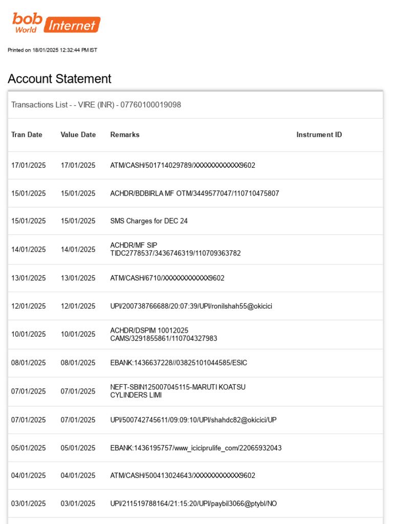 Bank of Baroda E-Banking - Account Details | PDF