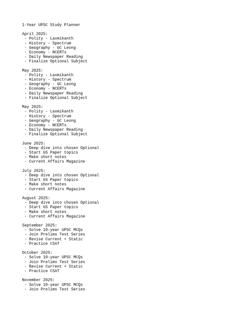 UPSC 1 Year Study Plan | PDF