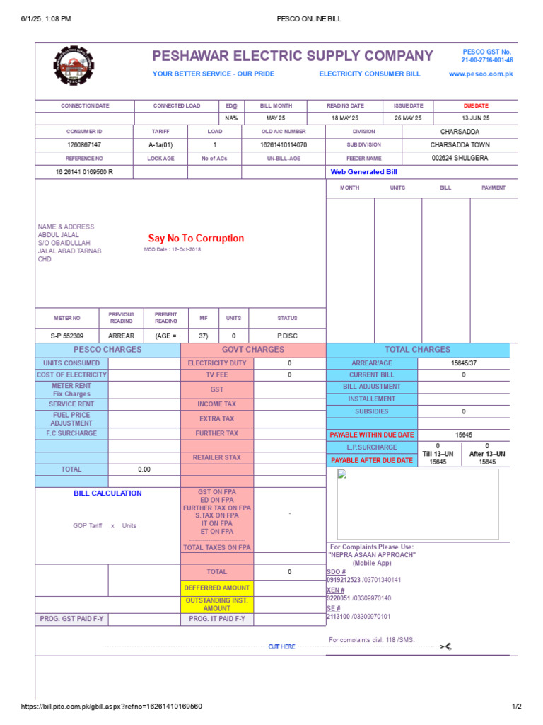 Pesco Charsadda Online Bill | PDF | Taxes | Fee