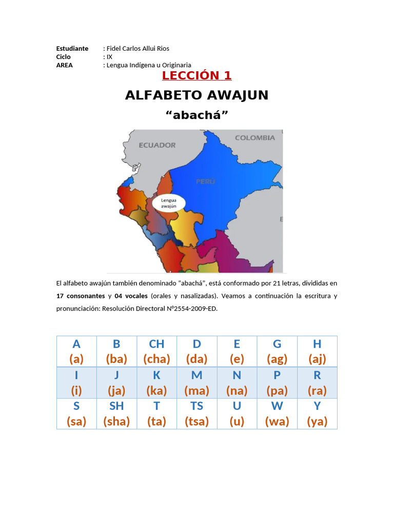 Alfabeto y palabras en awajún | PDF
