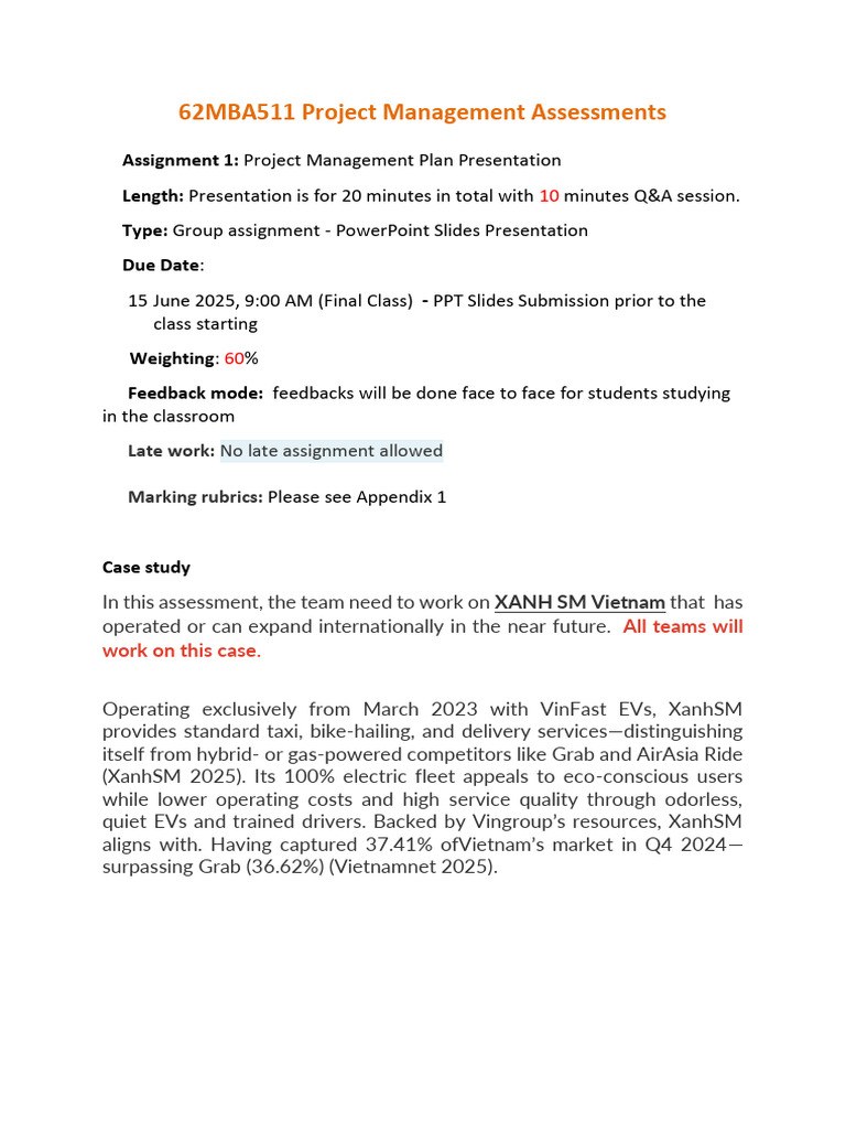 VGU MBA - Project Management - Assessment 1 - AY 2025 | PDF | Turnitin | Plagiarism