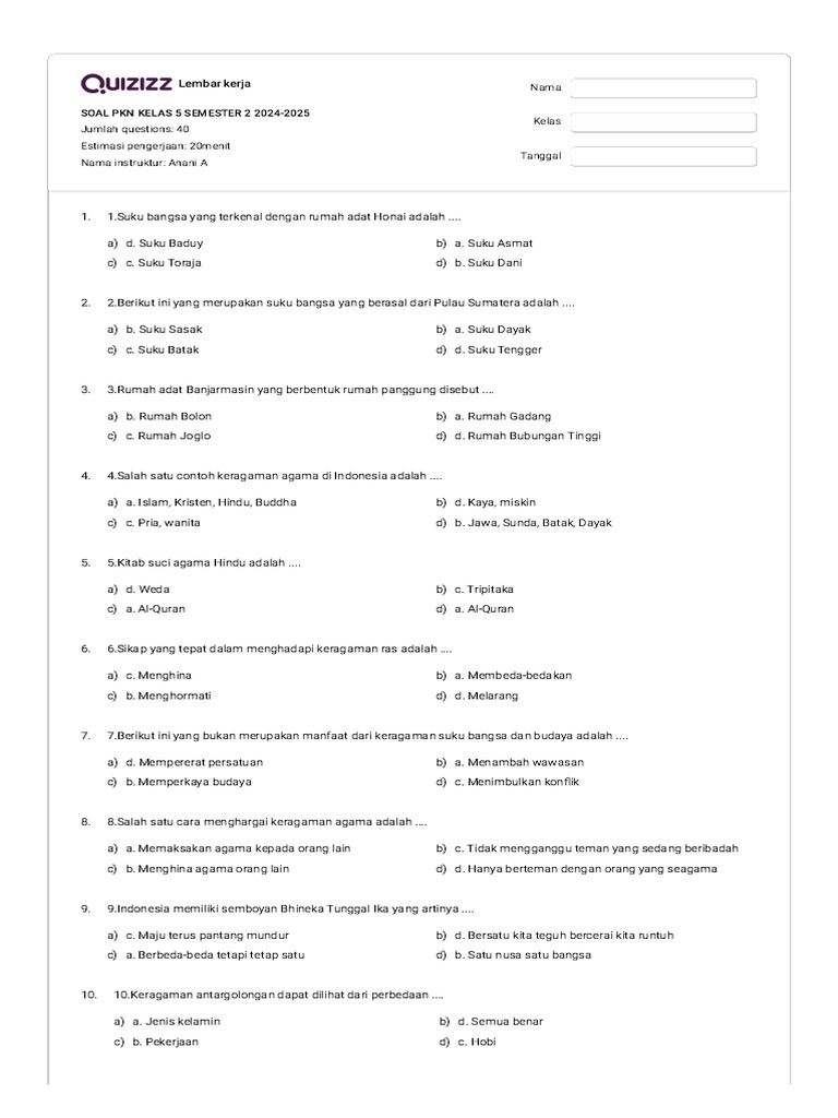 Soal PKN Kelas 5 Semester 2 2024-2025 - Quizizz | PDF
