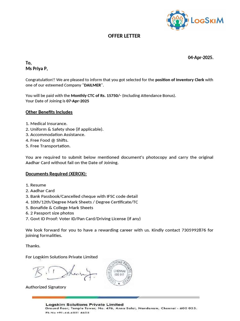 Priya Offer Letter | PDF