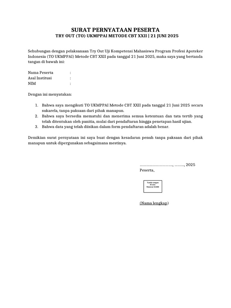 Template Surat Pernyataan Peserta Ujian To CBT XXII Juni 2025 | PDF