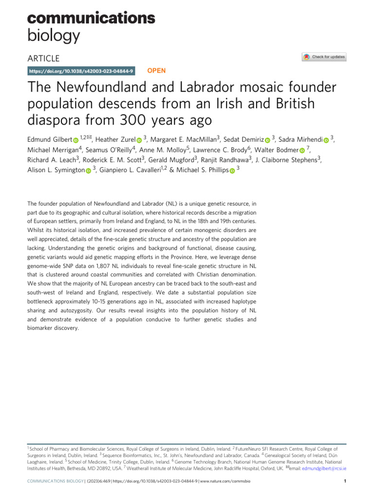 The Newfoundland and Labrador Mosaic Founder Population Descends From ...
