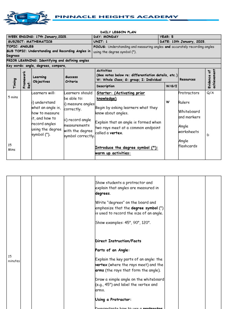 Daily Lesson Plan Year 5 Week One | PDF | Angle | Lesson Plan