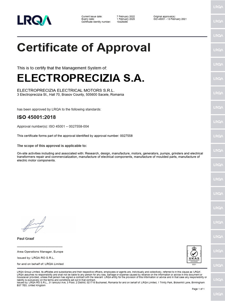 Certificat 45001 Engleza El-motors | PDF