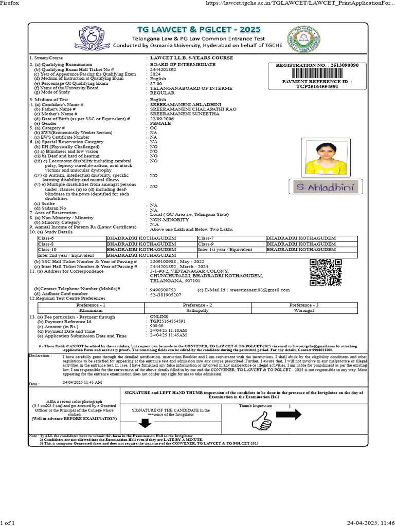 LAWCET PrintApplicationForm - Aspx | PDF | Disability