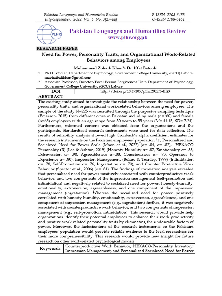 Need For Power, Personality Traits, and Organizational Work-Related ...