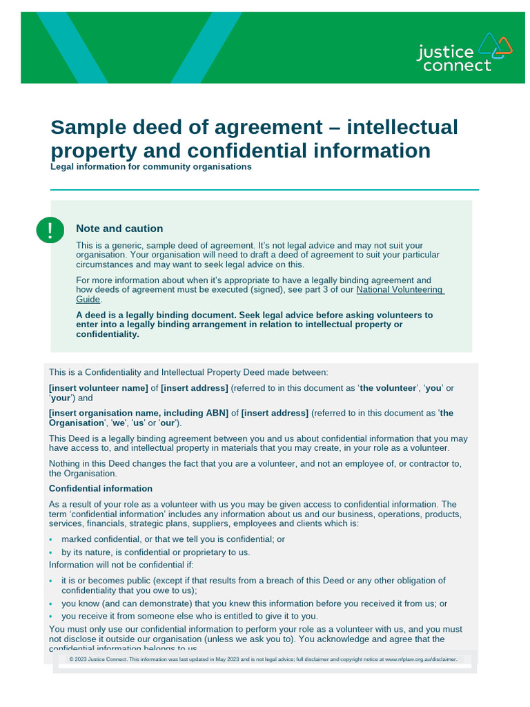 Sample Deed of Agreement Confidential Information and Intellectual ...
