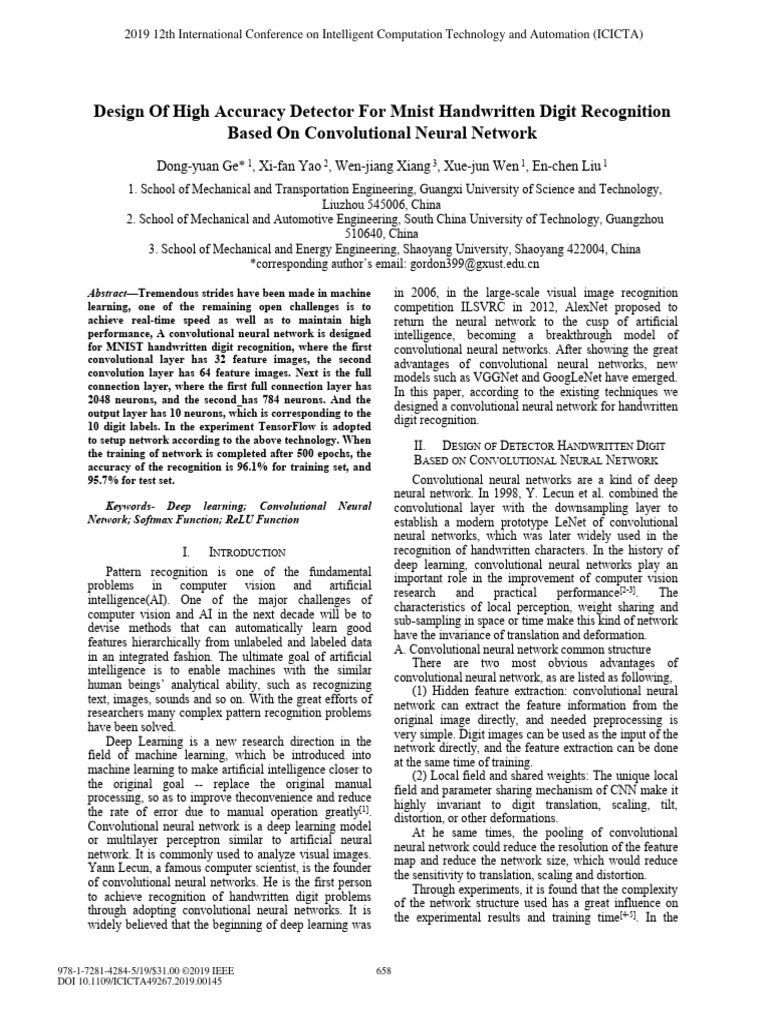 Design Of High Accuracy Detector For Mnist Handwritten Digit Recognition Based On Convolutional