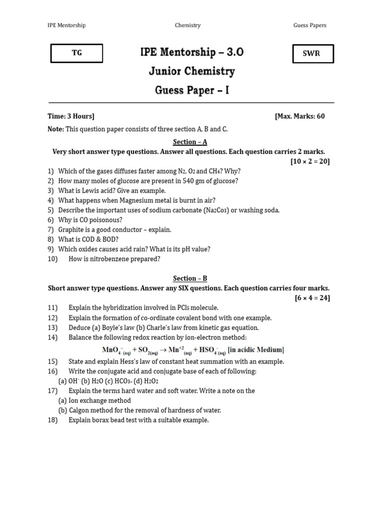 TG JR Chemistry Guess Papers NEW | PDF | Chemical Reactions | Molecules