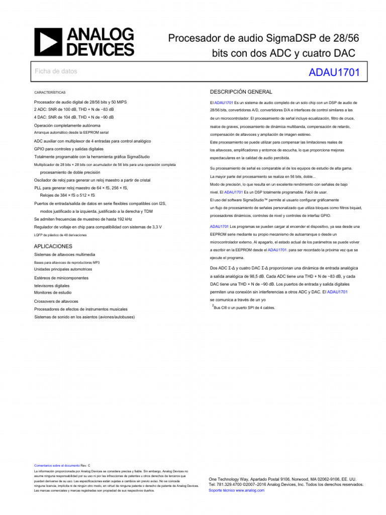Adau1701 1502741 | PDF | Altoparlante | Conversor analógico a digital