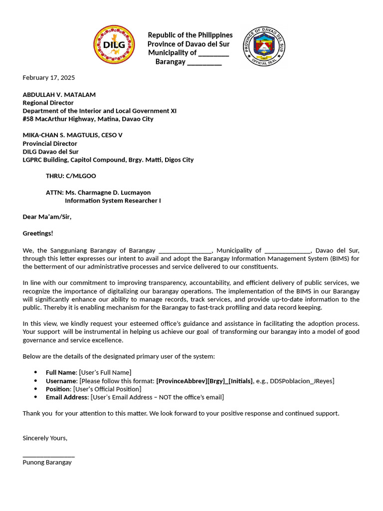 Sample Letter Req For Barangays | PDF