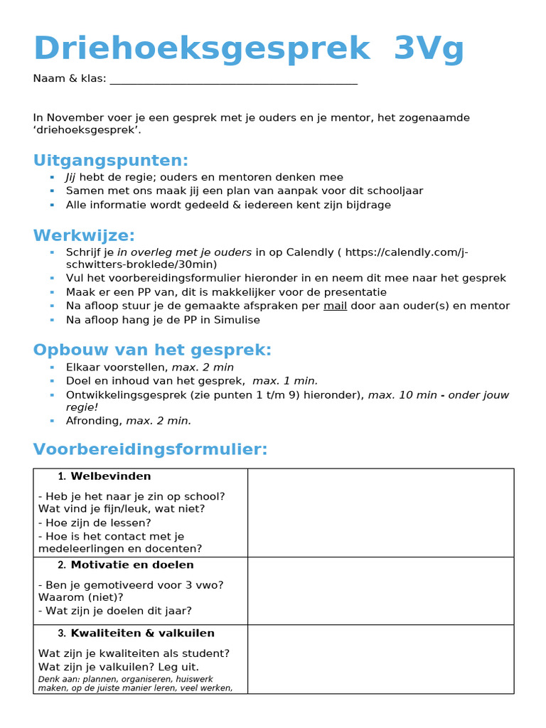 P1-Voorbereiding Driehoeksgesprek Formulier 3Vg | PDF