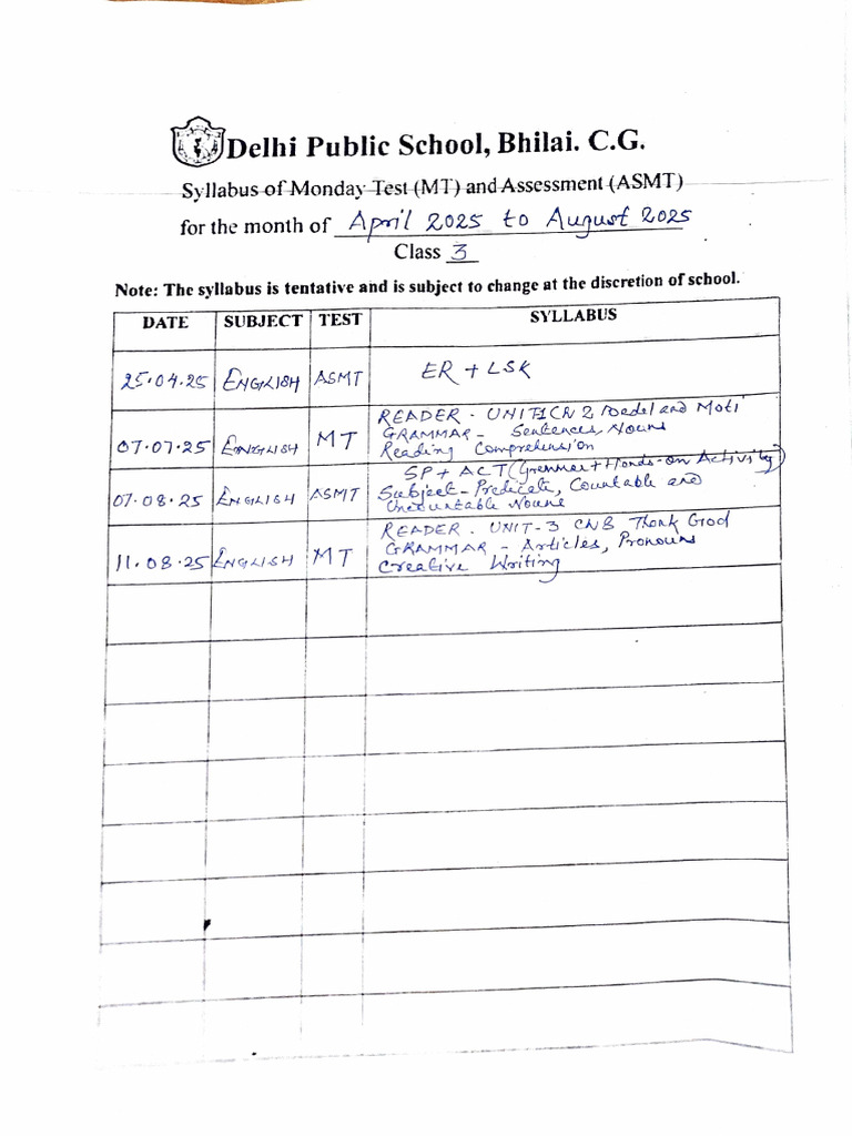 Class 3 MT & ASMT Apr-Aug '25 | PDF