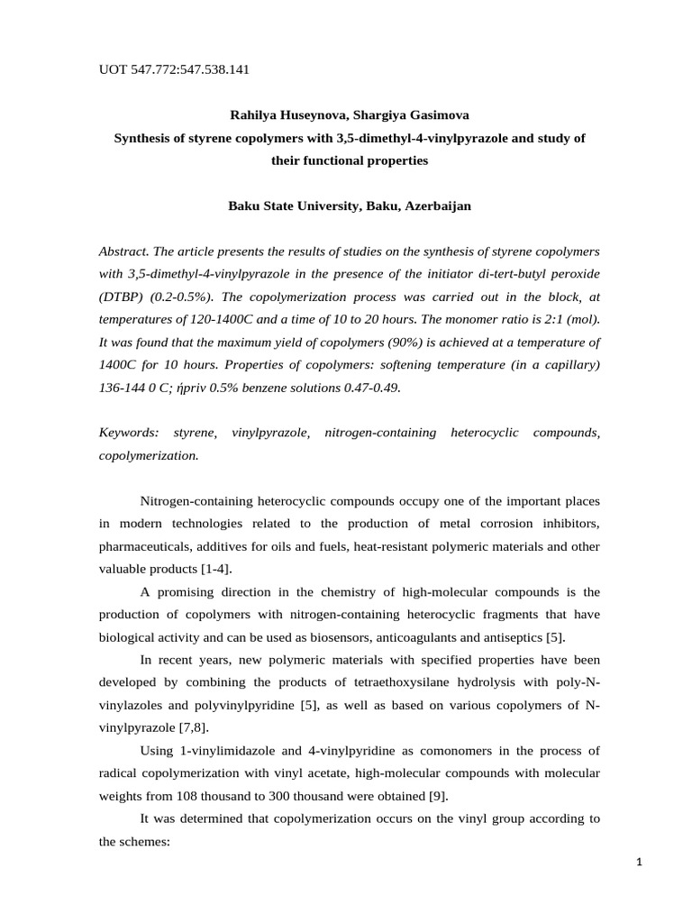 Synthesis of Styrene Copolymers with Vinylpyrazole | PDF | Copolymer ...