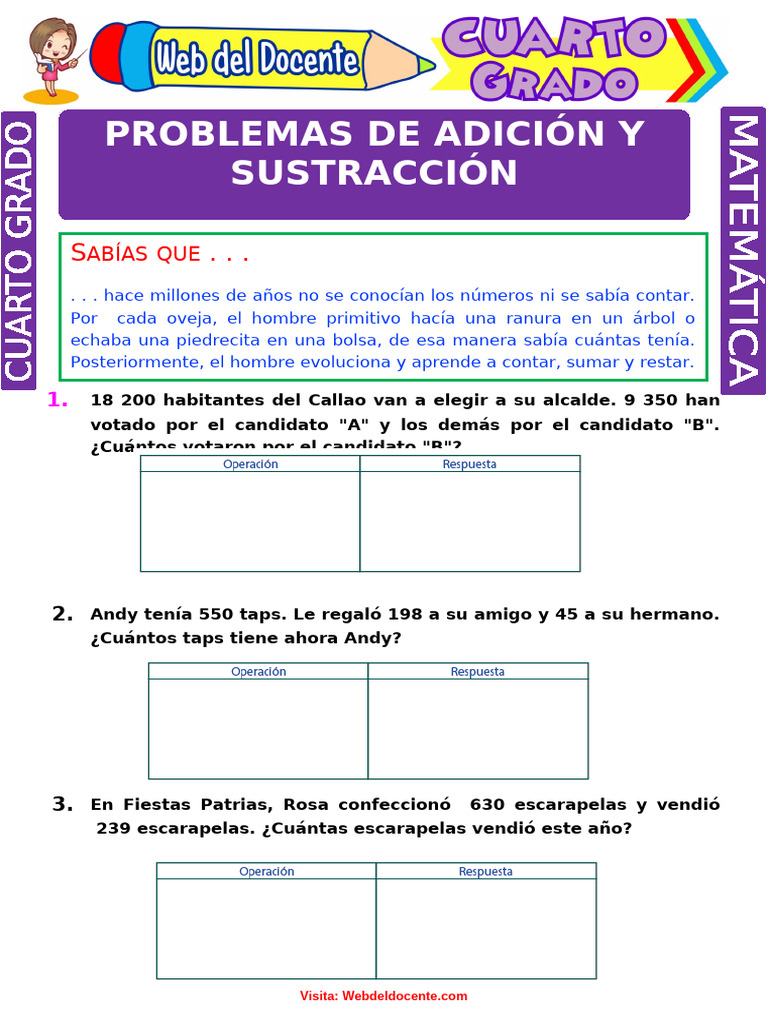 Problemas de Adición y Sustracción 4° | PDF