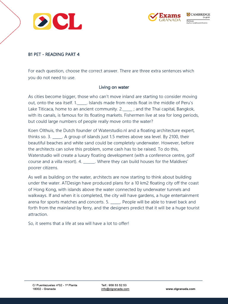 b1 Pet Reading Part 4 - Living On Water | PDF | Earth Sciences