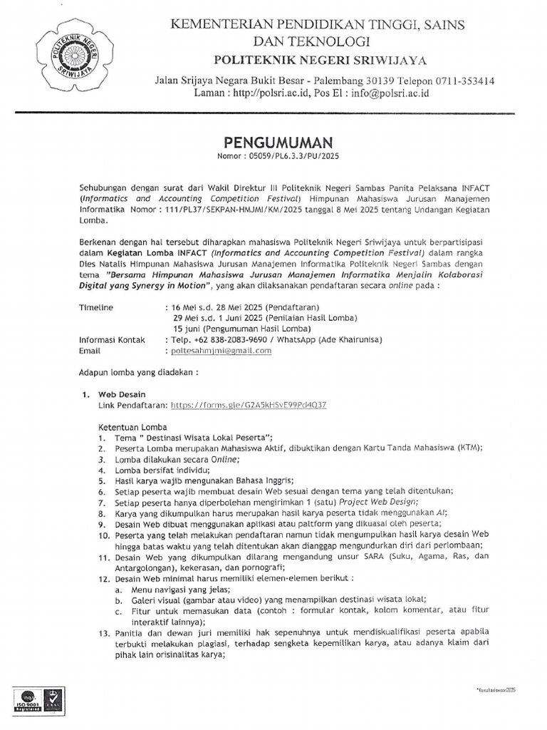 Pengumuman Lomba POLTESA 2025nsjdnsnsj | PDF