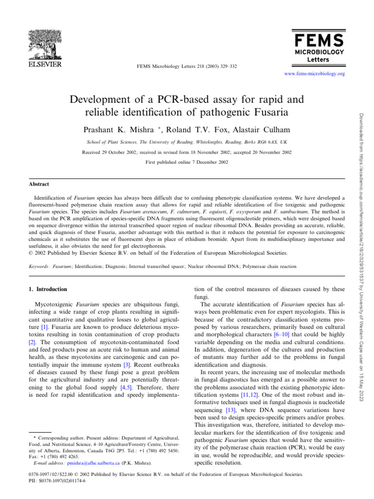 Rapid PCR Assay for Fusarium Identification | PDF | Polymerase Chain ...
