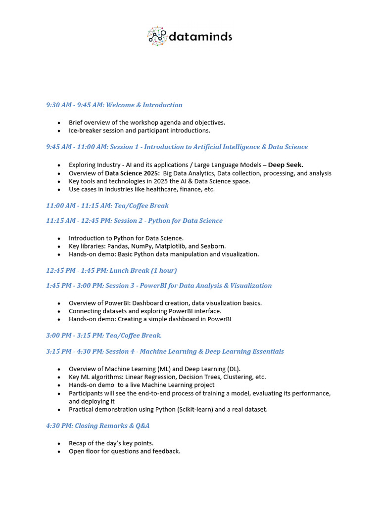 DataMinds AI&DS Workshop Agenda 2025 | PDF