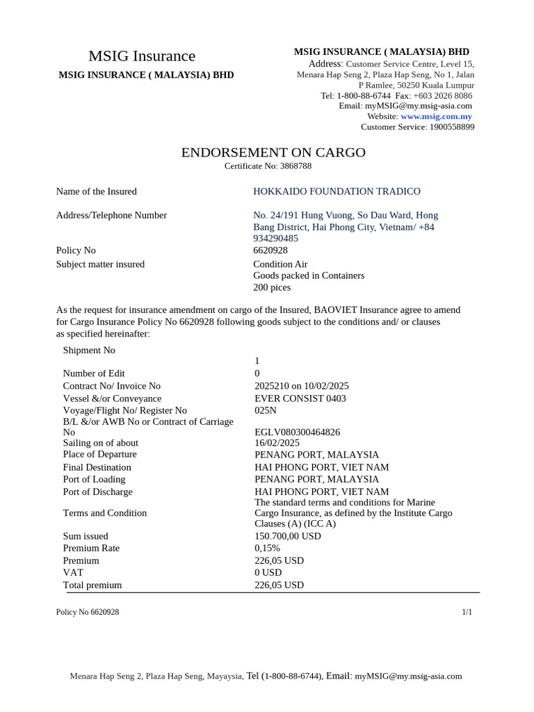 MSIG Cargo Insurance Amendment Notice | PDF | Insurance | Cargo