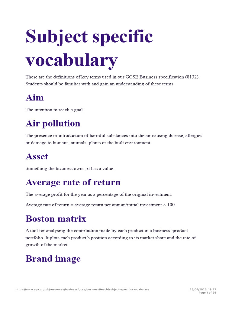 AQA - Subject Specific Vocabulary | PDF | Employment | Balance Sheet