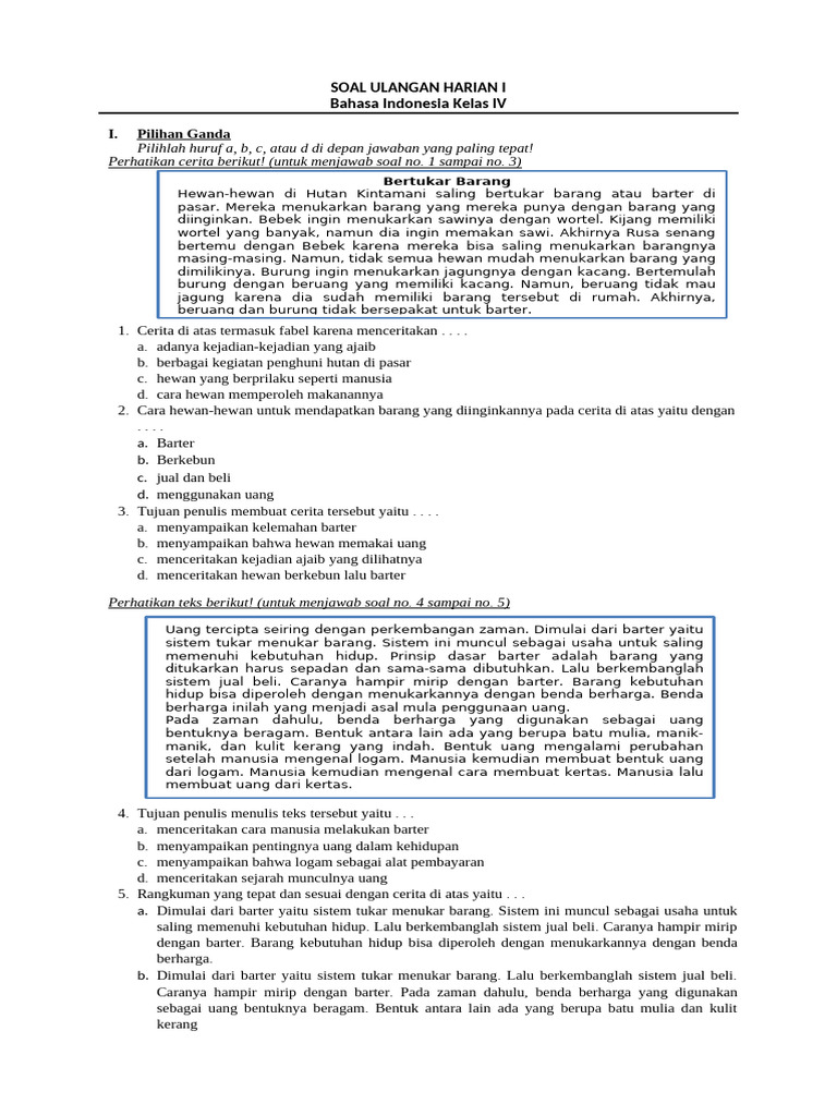 Soal Ulangan Harian Bahasa Indonesia Kelas IV | PDF