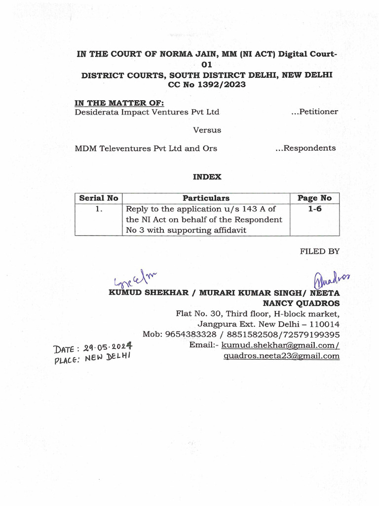 Application 143 NI Act Ashok Sahani | PDF | Affidavit