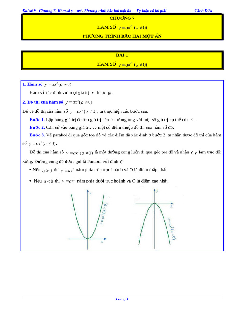 C7- Bài 1-Hàm Số y=Ax2-ĐỀ BÀI | PDF