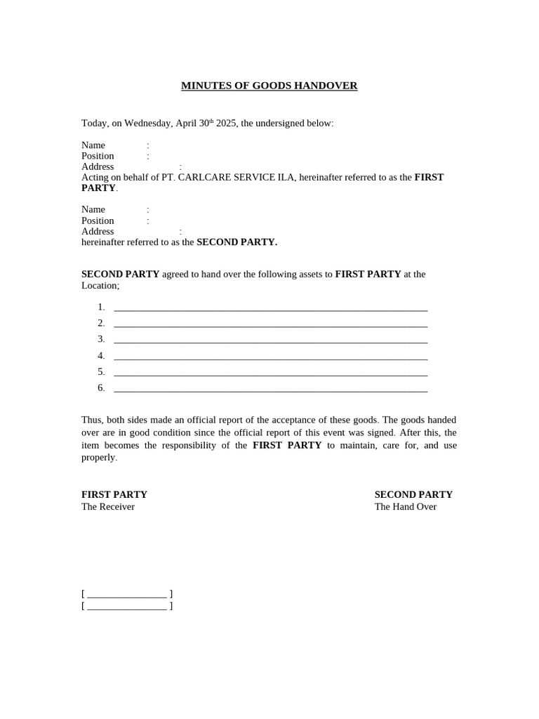Goods Handover Minutes Template | PDF