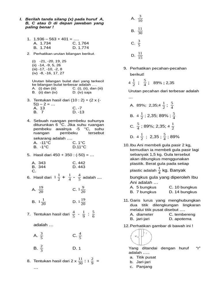 Soal Pas 1 MTK Kelas Vi k13 | PDF