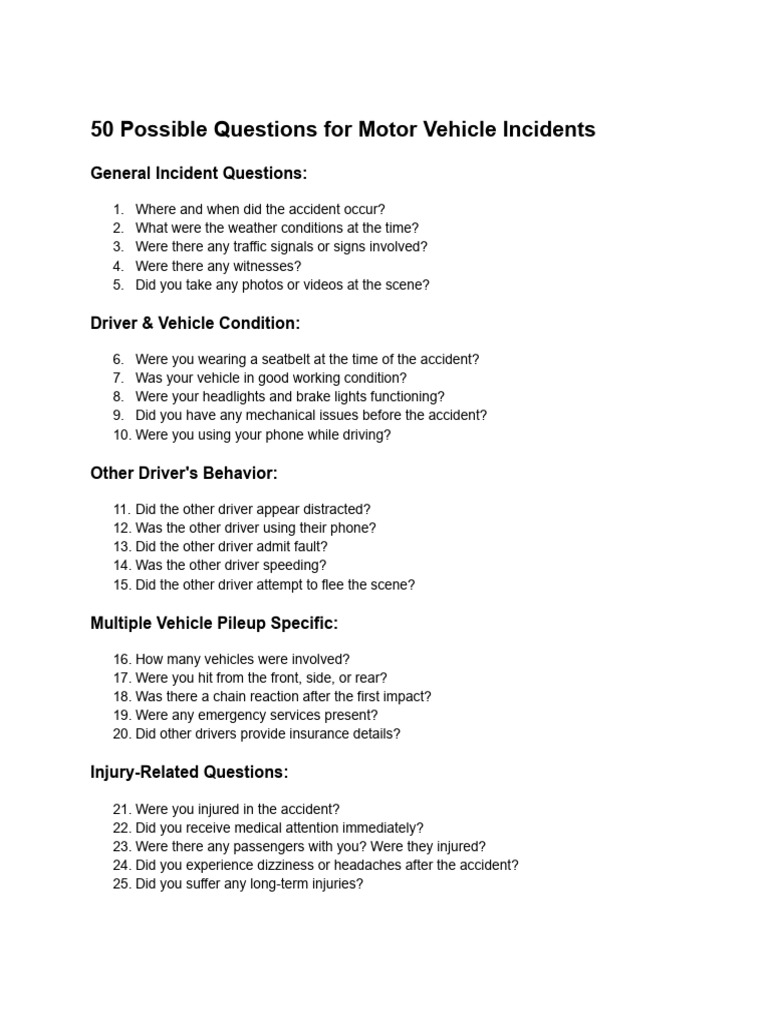 50 Questions for Motor Vehicle Incidents | PDF | Traffic Collision ...