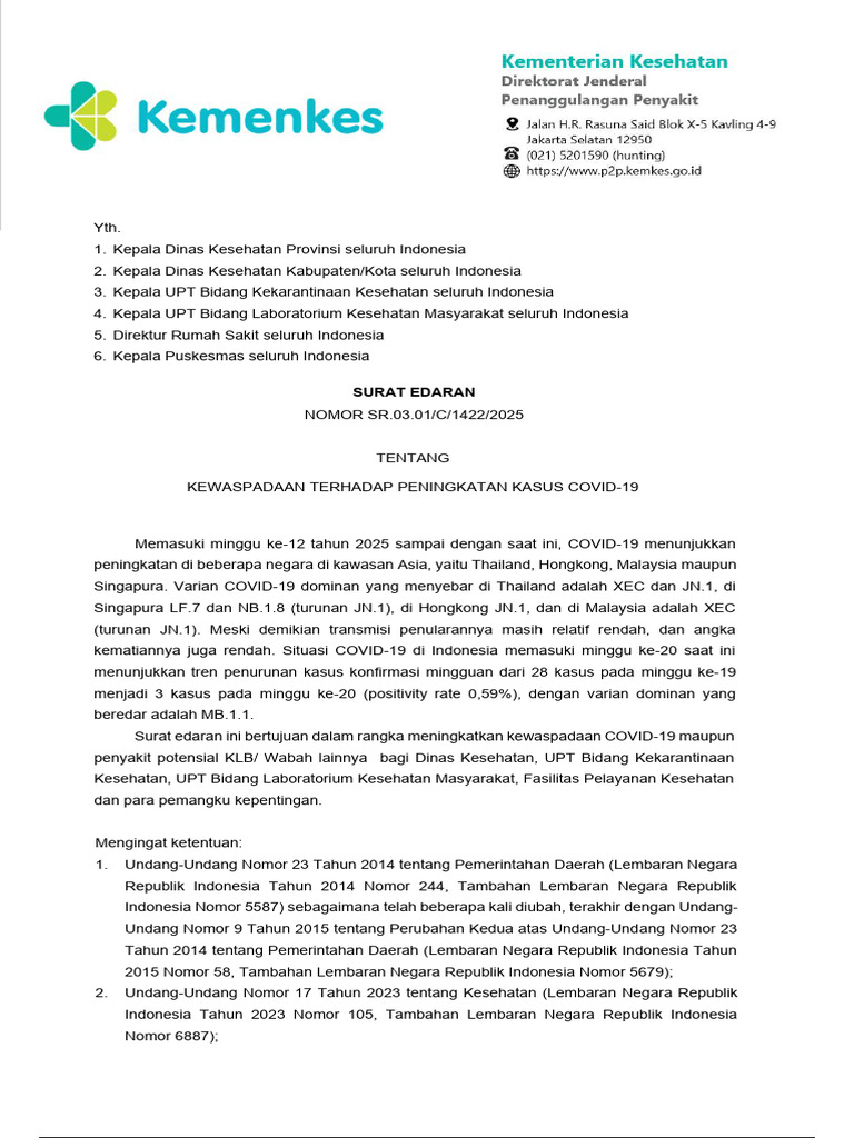 Surat Edaran Dirjen P2 Nomor SR.03.01 - C - 1422 - 2025 Tentang Kewaspadaan Terhadap Peningkatan ...