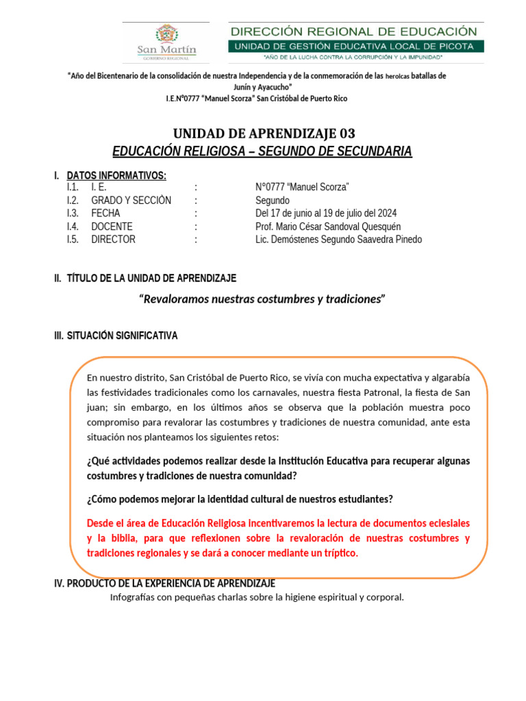 Unidad 3 - Segundo Grado | PDF | Fe | Aprendizaje