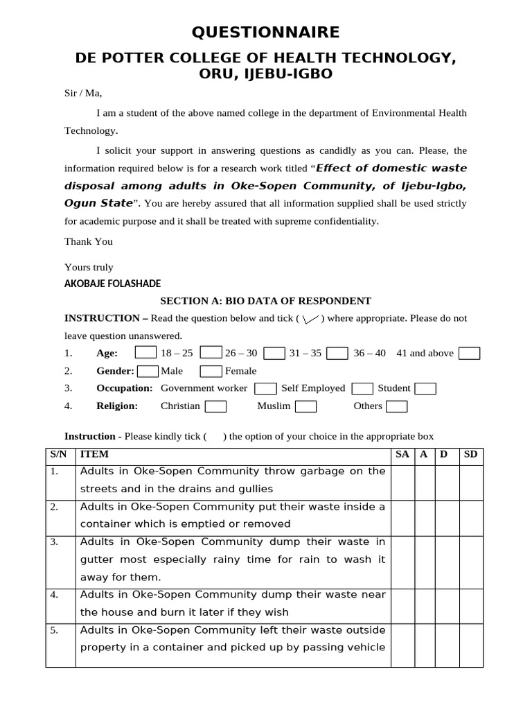 QUESTIONNAIRE | PDF | Waste | Municipal Solid Waste